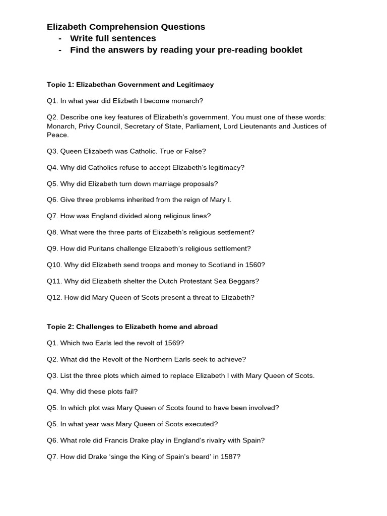 Elizabethan Comprehension Questions | PDF | Mary, Queen Of Scots ...