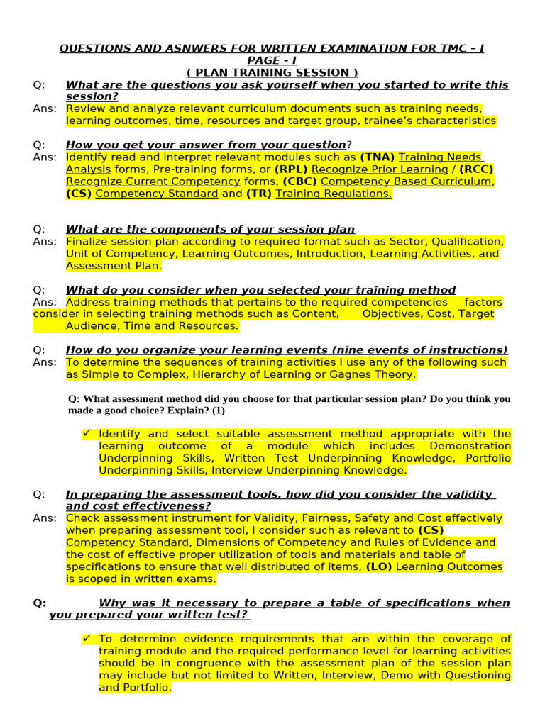 Questions and Answers For Written Examination For TMC I | PDF ...
