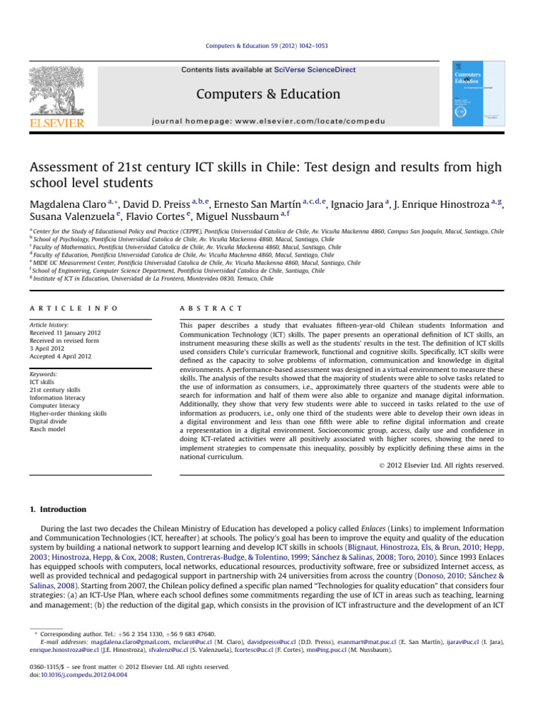 Evaluating ICT Skills in Chilean High School Students | PDF | Cognition ...