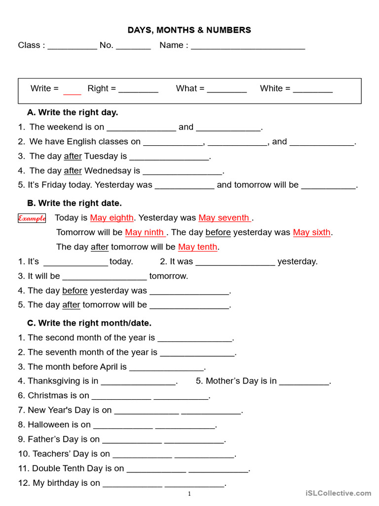 SOAL Days, Months and Numbers | PDF | Observances