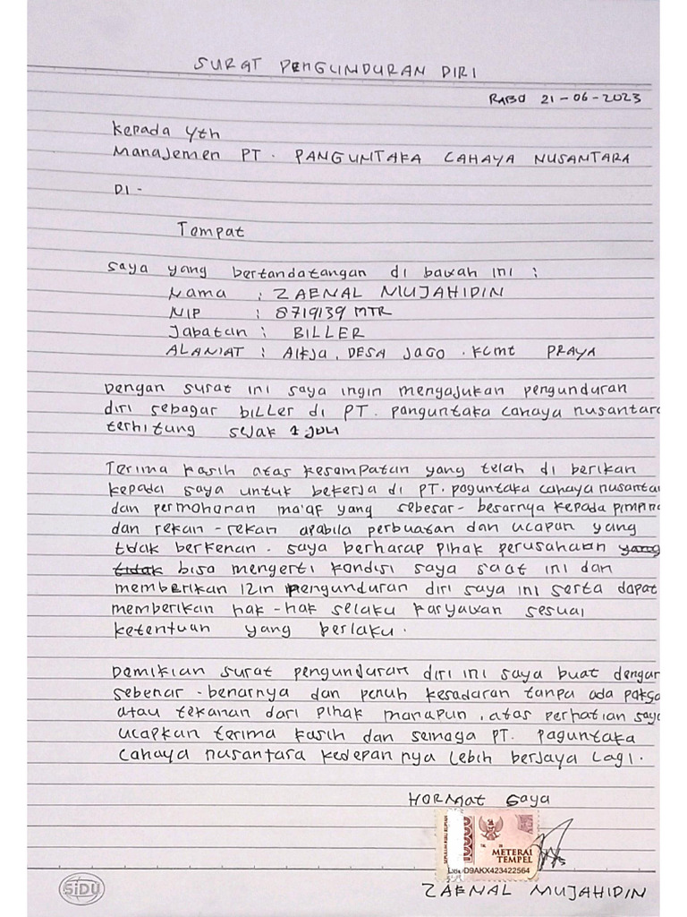 Surat Undur Diri Zaenal | PDF