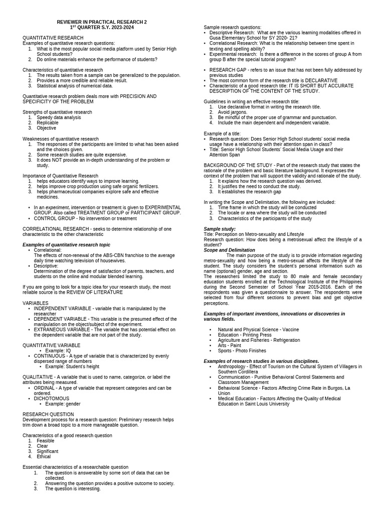 1st PT PR2 SY2324 Reviewer | PDF | Quantitative Research | Experiment