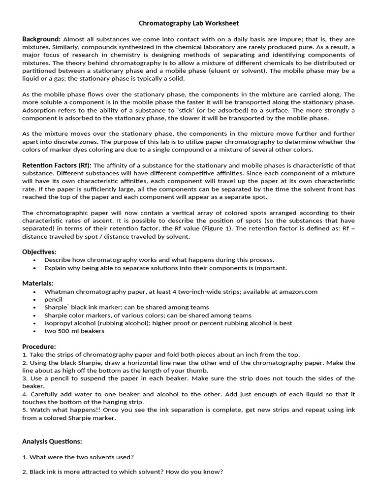 Chromatography Lab Worksheet | PDF | Elution | Chromatography