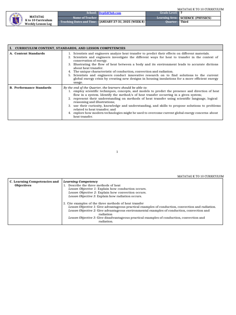 DLL Matatag - Science 7 Q3 W8 | PDF | Heat Transfer | Heat