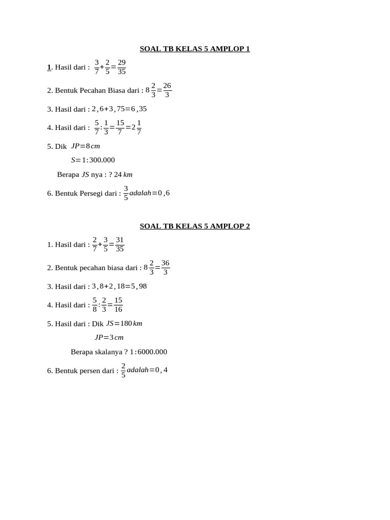 Soal TB Kelas 5 Amplop 1 | PDF