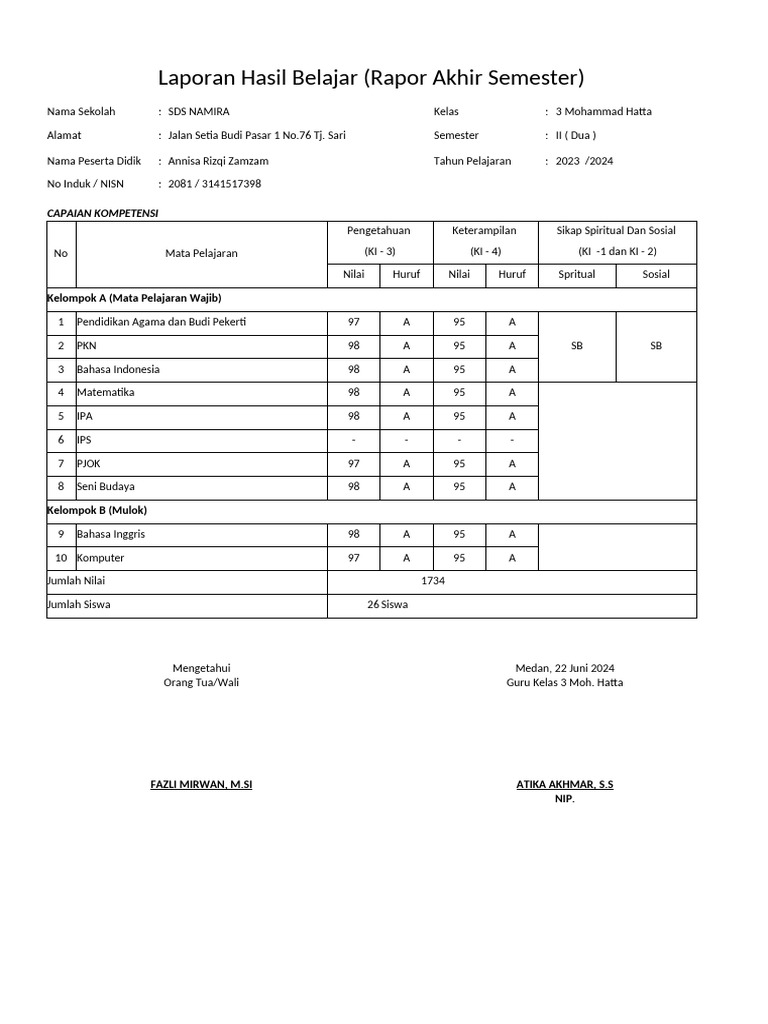 Rapor Akhir Semester SDS Namira Kelas 3 | PDF