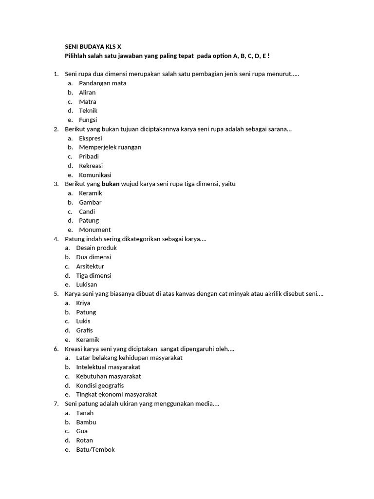Soal PAS Seni Budaya Kelas X MAN 2 TSM Ganjil 2021 | PDF