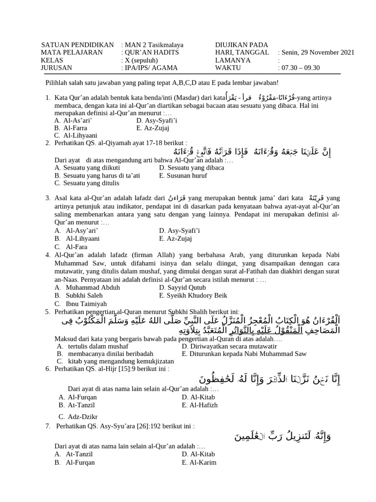 Soal Pas Qurdis Kelas X | PDF