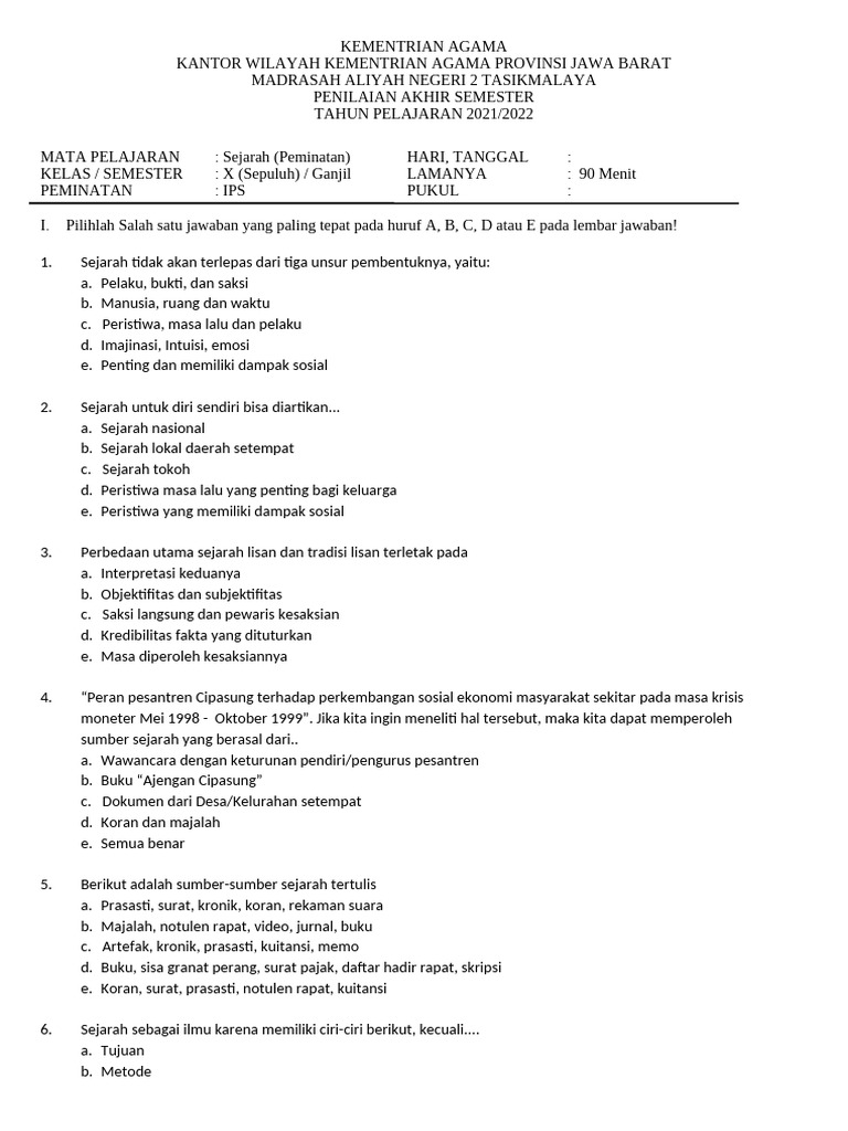 PAS SEJPEM X SEM 1 INDRA FIX - PRINT | PDF