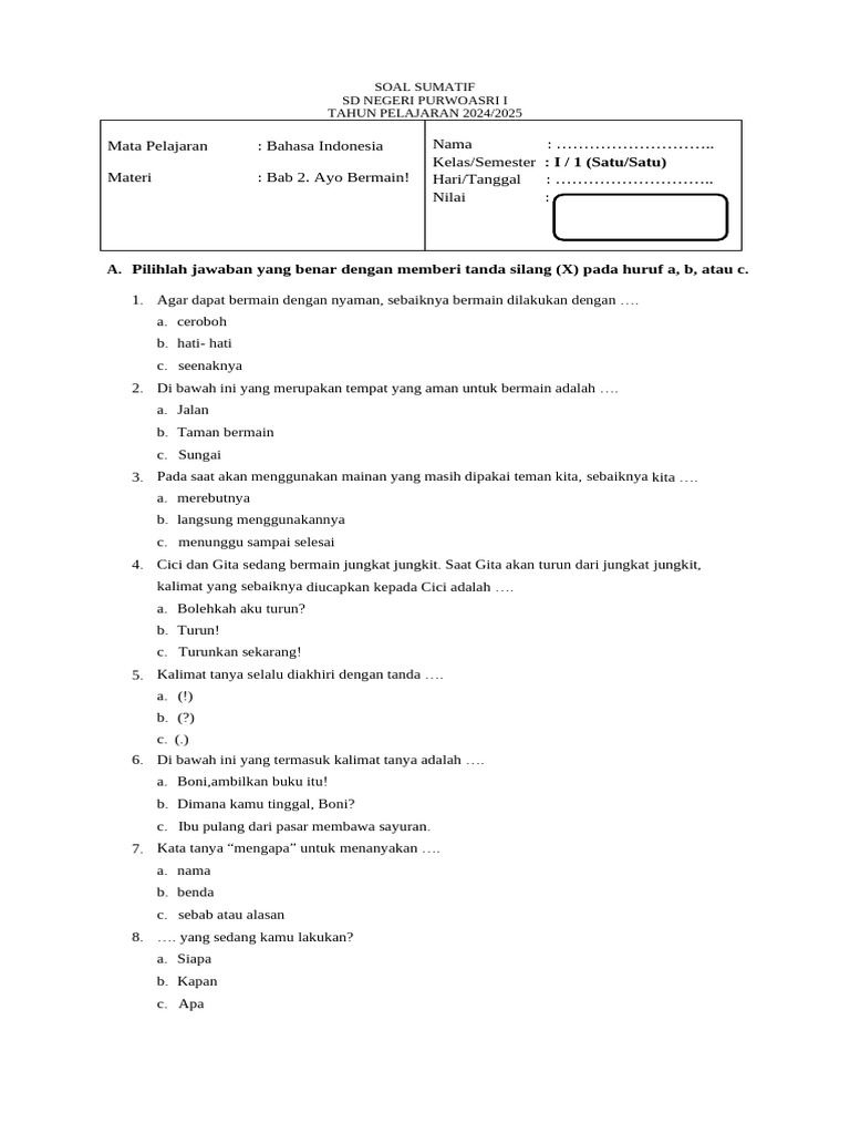 B.indo Kelas 1 Bab 2 Ayo Bermain | PDF