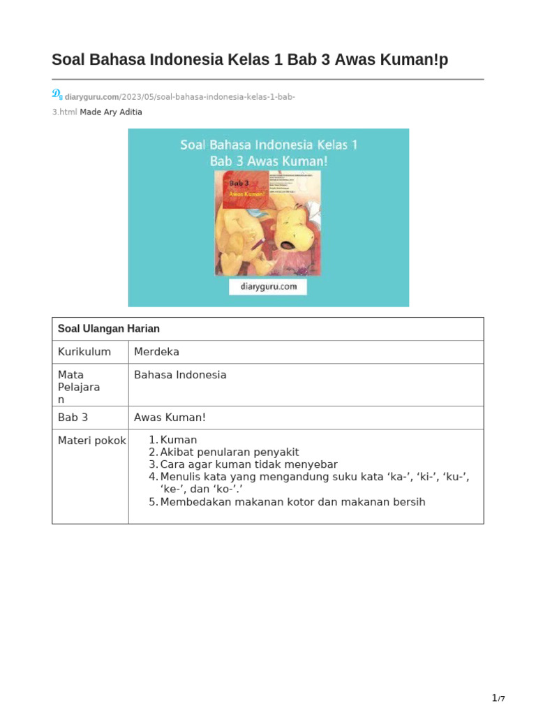 Soal Bahasa Indonesia Kelas 1 Bab 3 Awas Kuman | PDF