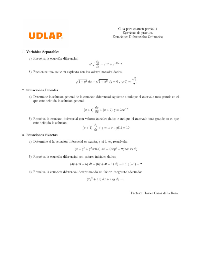 Guía para Parcial 1 Ecuaciones Diferenciales Ordinarias Primavera 2025 Ejercicios de Practica | PDF