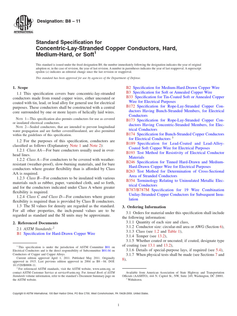 ASTM B8-2011 Standard Specification For Concentric-Lay-Stranded Copper Conductors, Hard, Medium ...