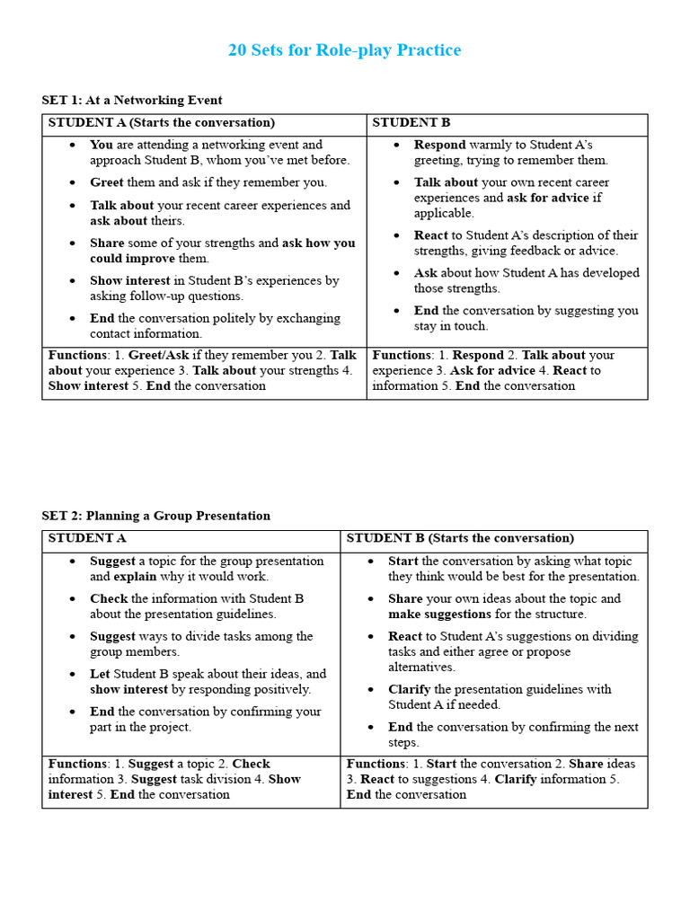 20 Sets For Role-Play Practice | PDF | Gratitude | Conversation