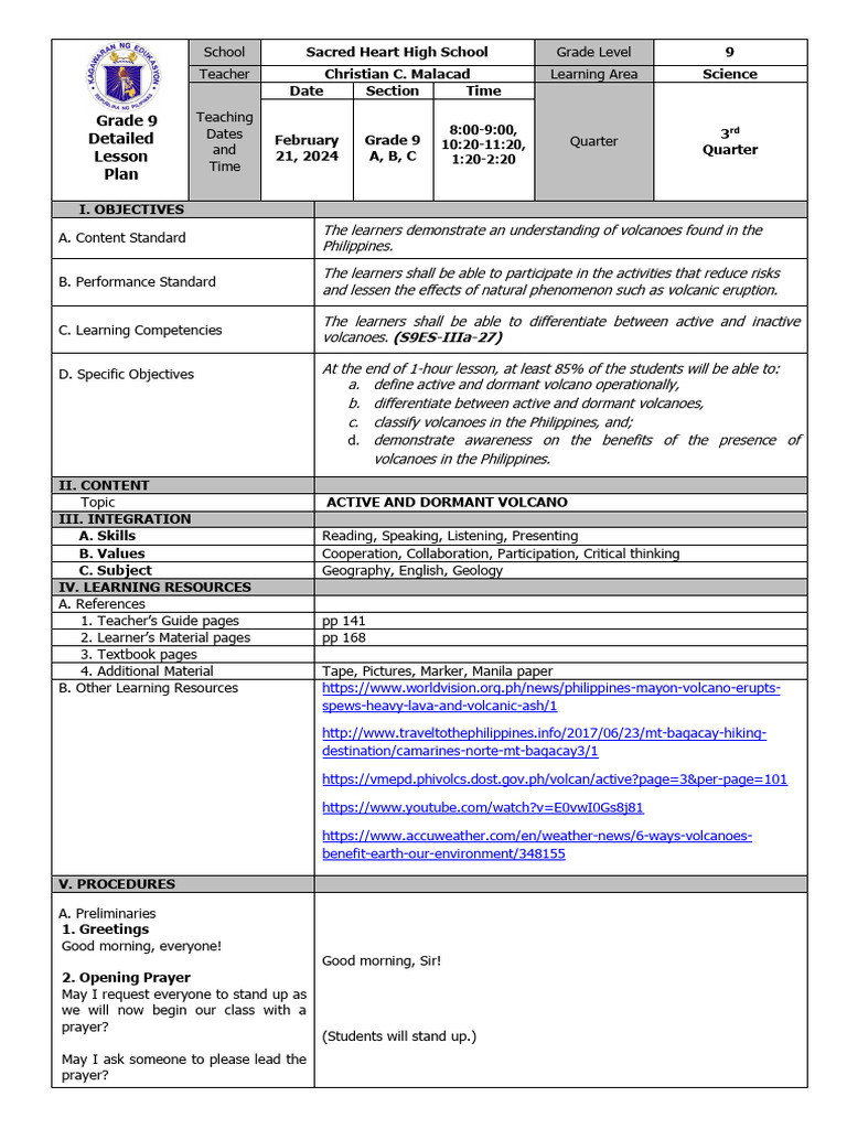 Grade 9 Science Lesson on Volcanoes | PDF | Volcano | Types Of Volcanic ...