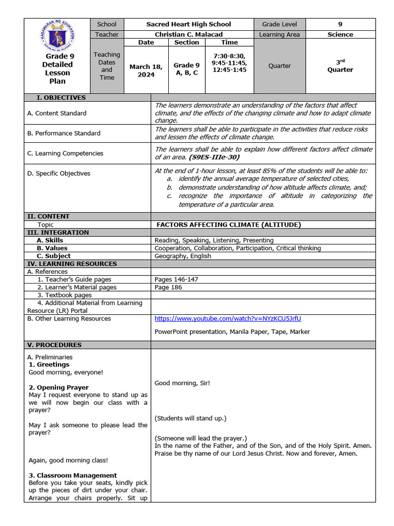 Altitude - Factors Affecting Climate - Lesson Plan-Grade 9 | PDF | Mountains | Altitude