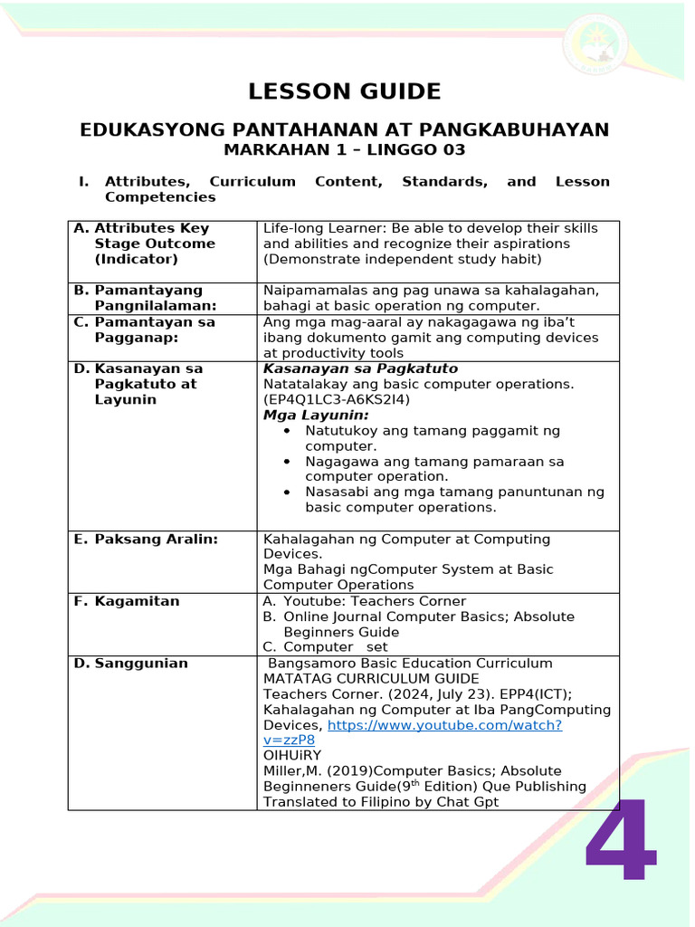 Lesson Guide: Edukasyong Pantahanan at Pangkabuhayan | PDF