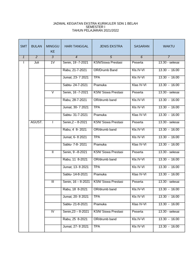 Jadwal Ekstra Kurikuler 2021 | PDF