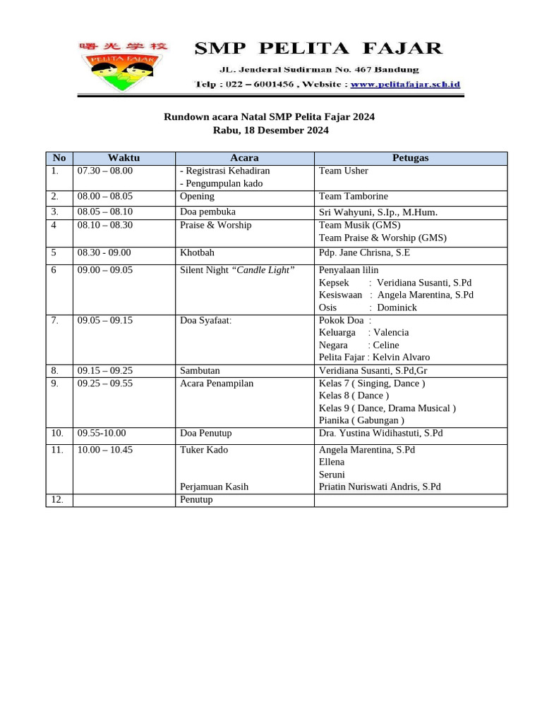 Rundown Acara Natal SMP Pelita Fajar 2024 | PDF