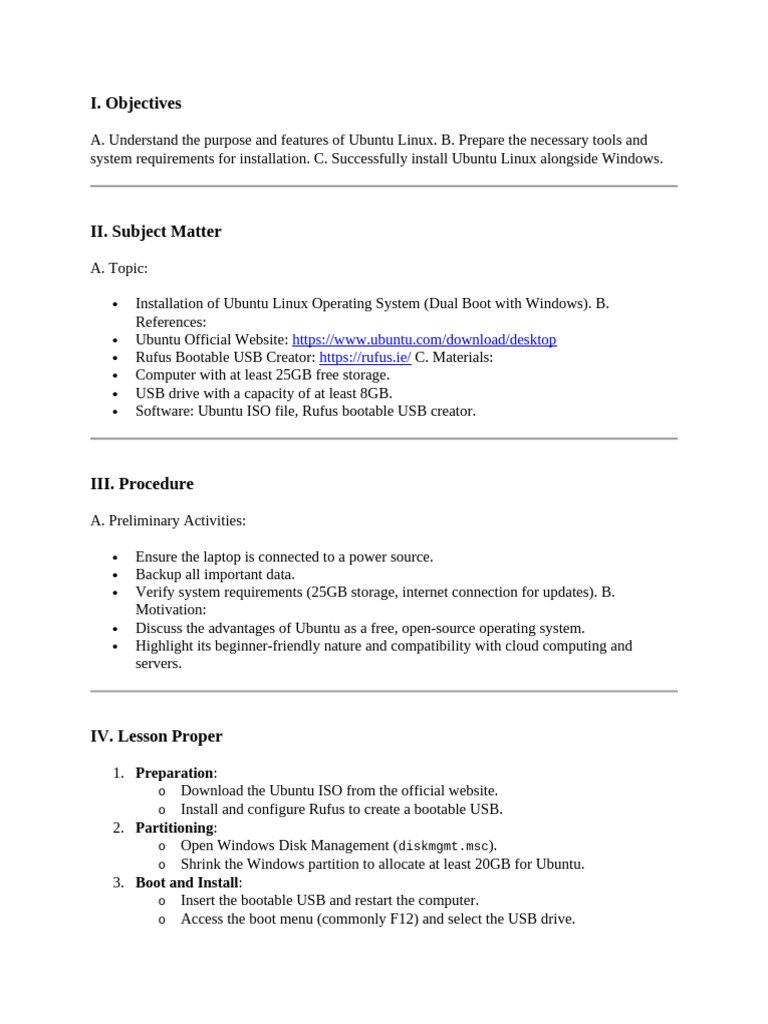 Semi-Detailed Lesson Plan in Installing Ubuntu Along Side Windows OS | PDF | Booting | Microsoft ...
