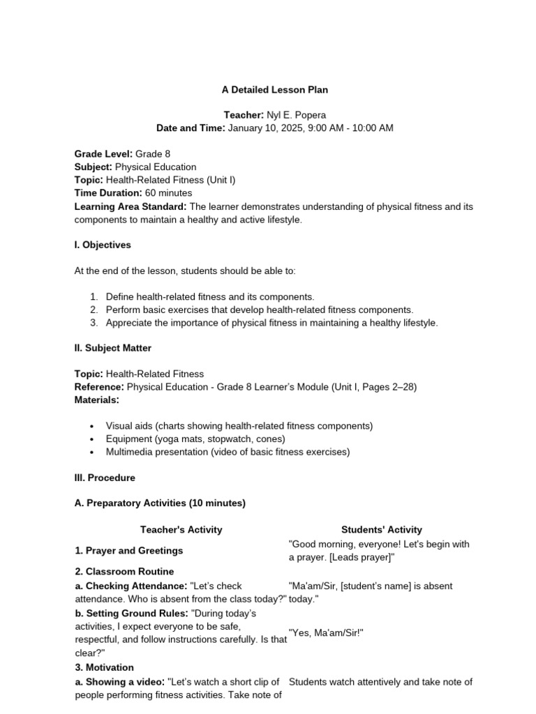 A-Detailed-Lesson-Plan-FINAL | PDF | Physical Fitness | Lesson Plan