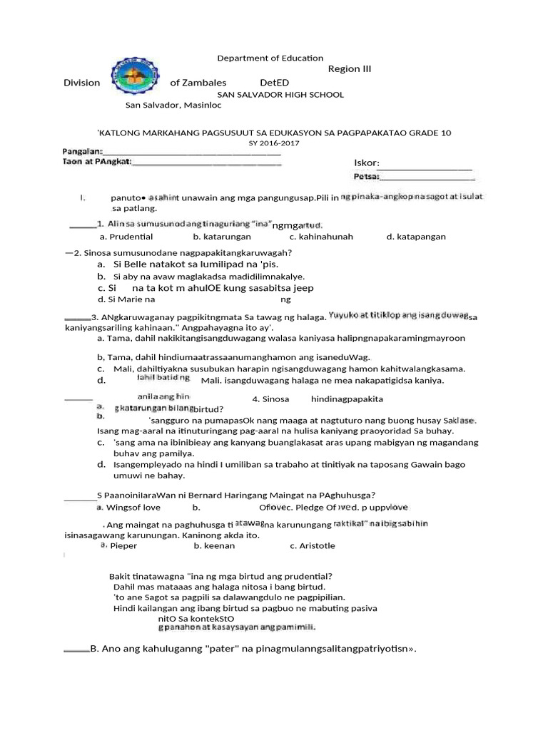 Third Quarter Test in Esp 10 | PDF