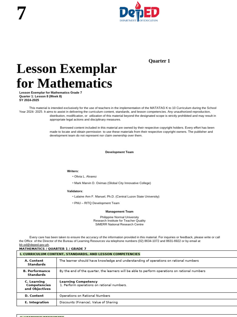 Q1 LE Mathematics 7 Lesson 8 Week 8 | PDF | Multiplication | Mathematical Notation
