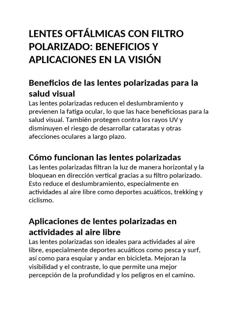 Lentes Polarizadas: Beneficios y Usos | PDF | Lentes | Gafas de sol