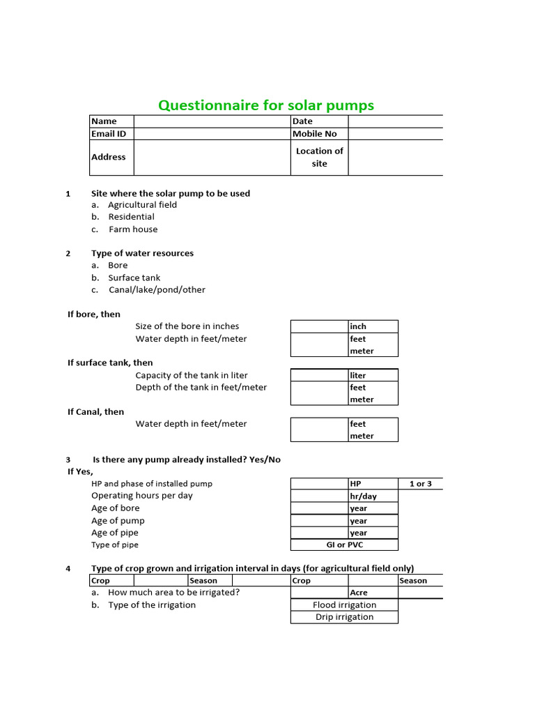 Questionnaire For Solar Pumping Systems | PDF | Irrigation | Pump