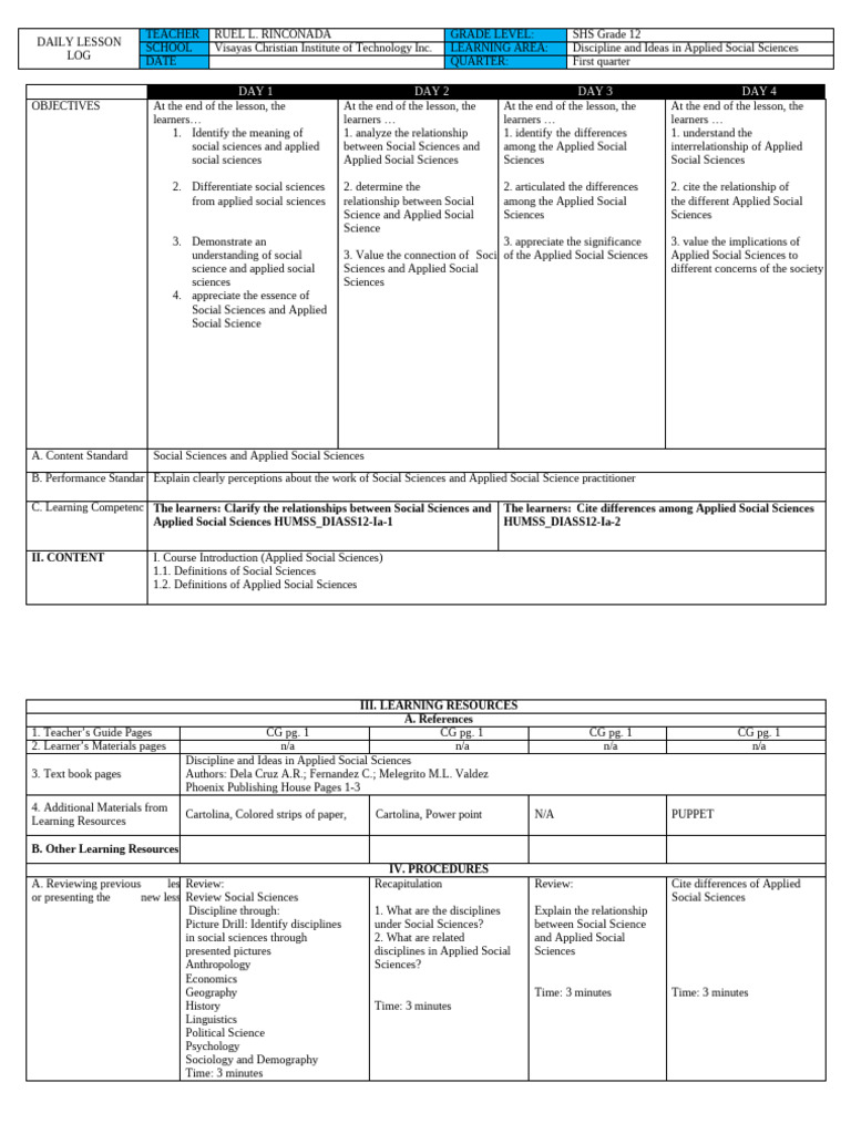 Daily Lesson Log For Diass | PDF | Social Sciences | Science