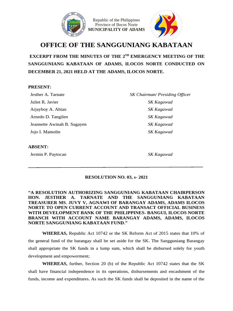 Appointment and Resolution For SK Treasurer and Secretary | PDF ...