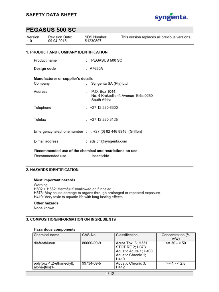 Pegasus 500 SC Insecticide Overview | PDF | Dangerous Goods | Toxicity