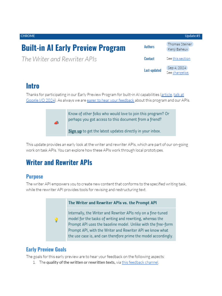 Built-In AI Early Preview Program - The Writer and Rewriter APIs - Update #5 | PDF | Java Script ...