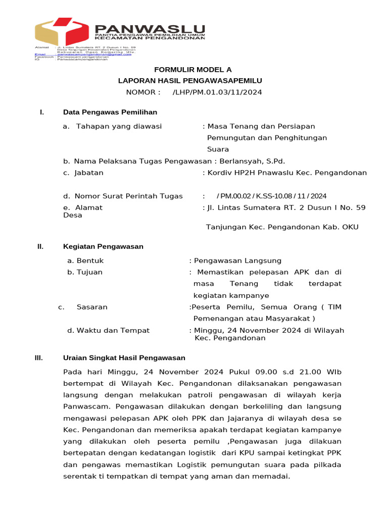 Formulir Model A Laporan Situng | PDF