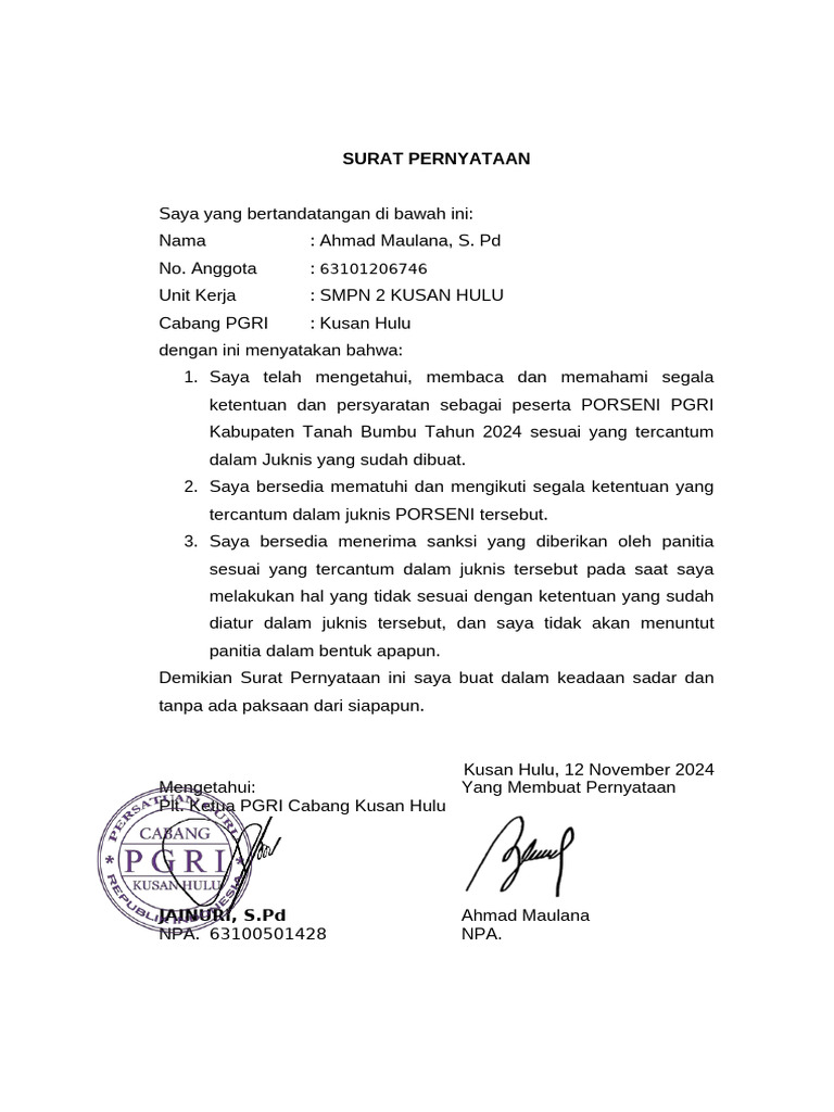 Surat Pernyataan Atlet - AHMAD MAULANA | PDF