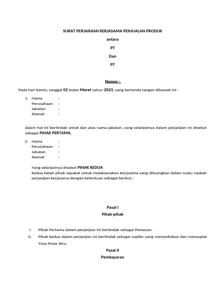 SURAT PERJANJIAN KERJASAMA PENJUALAN PRODUK | PDF