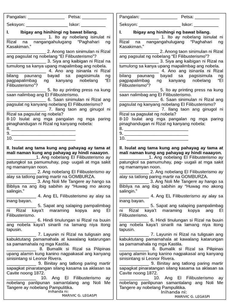 Pagsusulit Sa Kaligirang Kasayysan NG El Fili | PDF