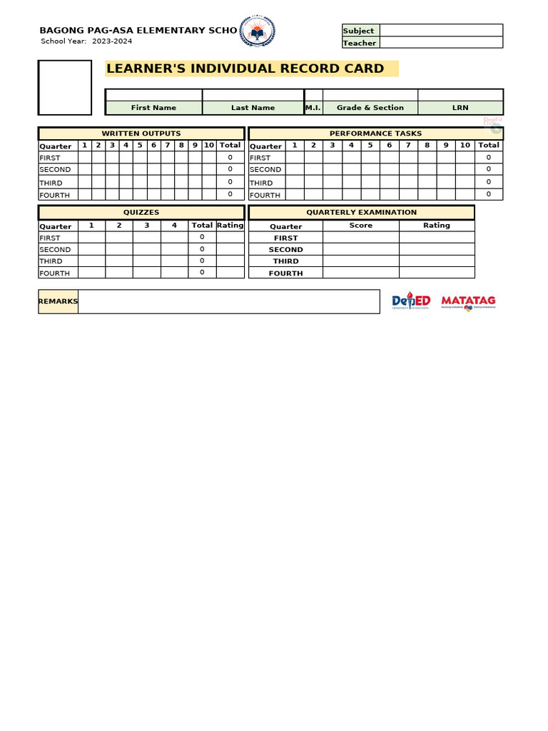 Learner's Individual Record Card (Excel) | PDF