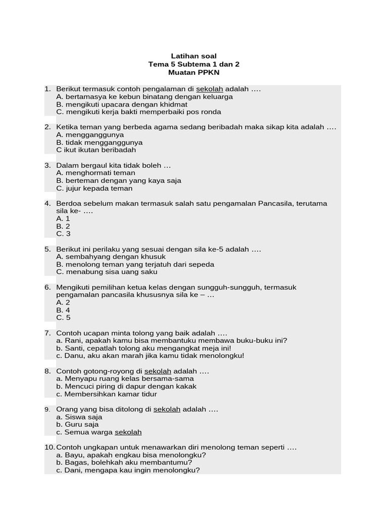Latihan Soal PPKN Dan Matematika Tema 5 Subtema 1 Dan 2 | PDF
