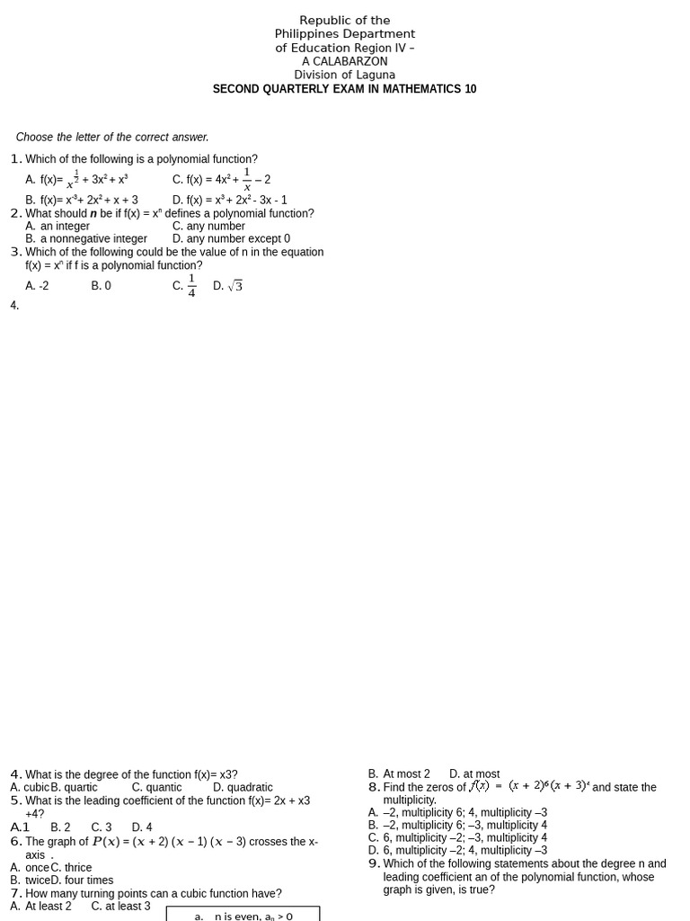 Math 10 Quarterly Exam: Polynomial Functions | PDF | Polynomial ...