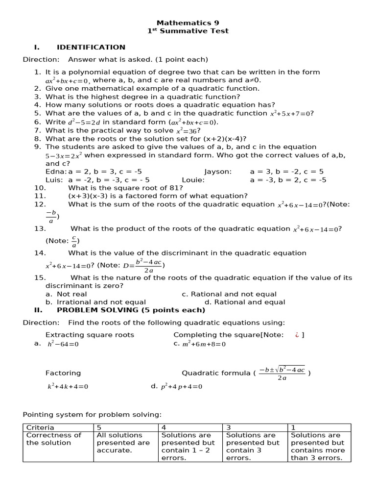 Q1 1st Summative Test(Quadratic Equations) | PDF | Quadratic Equation ...