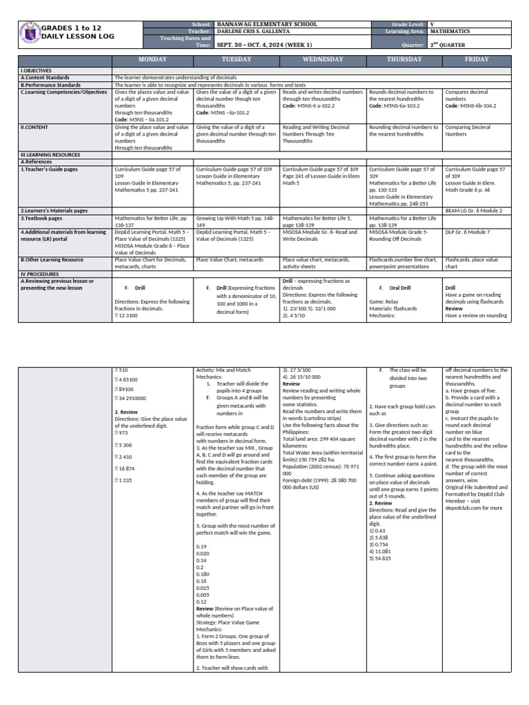 DLL_MATHEMATICS 5_Q2_W1 - Copy | PDF | Numbers | Curriculum