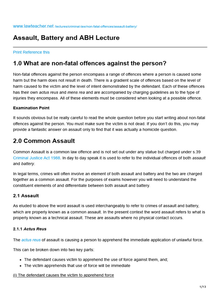 Assault, Battery and ABH Lecture | PDF | Assault | Battery (Crime)