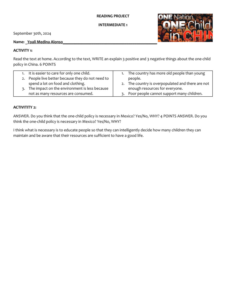 READING PROJECT Intermediate 1 | PDF