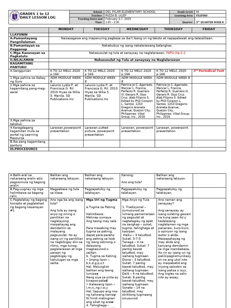 DLL_FILIPINO 6_Q3_W8 | PDF