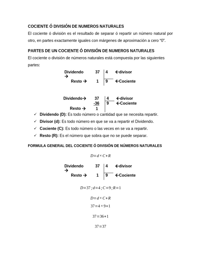 Cociente y División de Números Naturales | PDF | División (Matemáticas ...