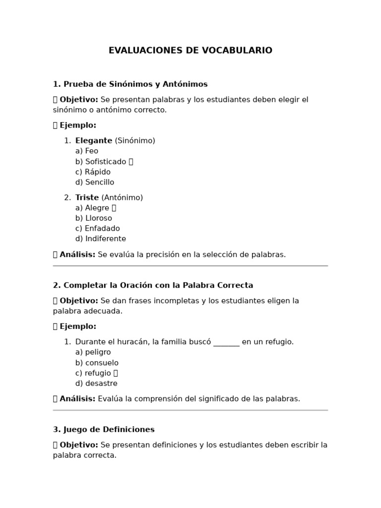 Evaluaciones de Vocabulario | PDF