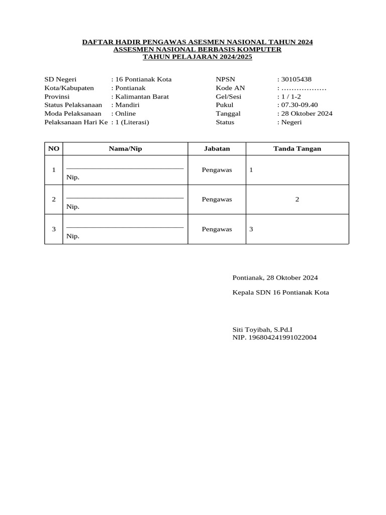 Daftar Hadir Pengawas ANBK | PDF