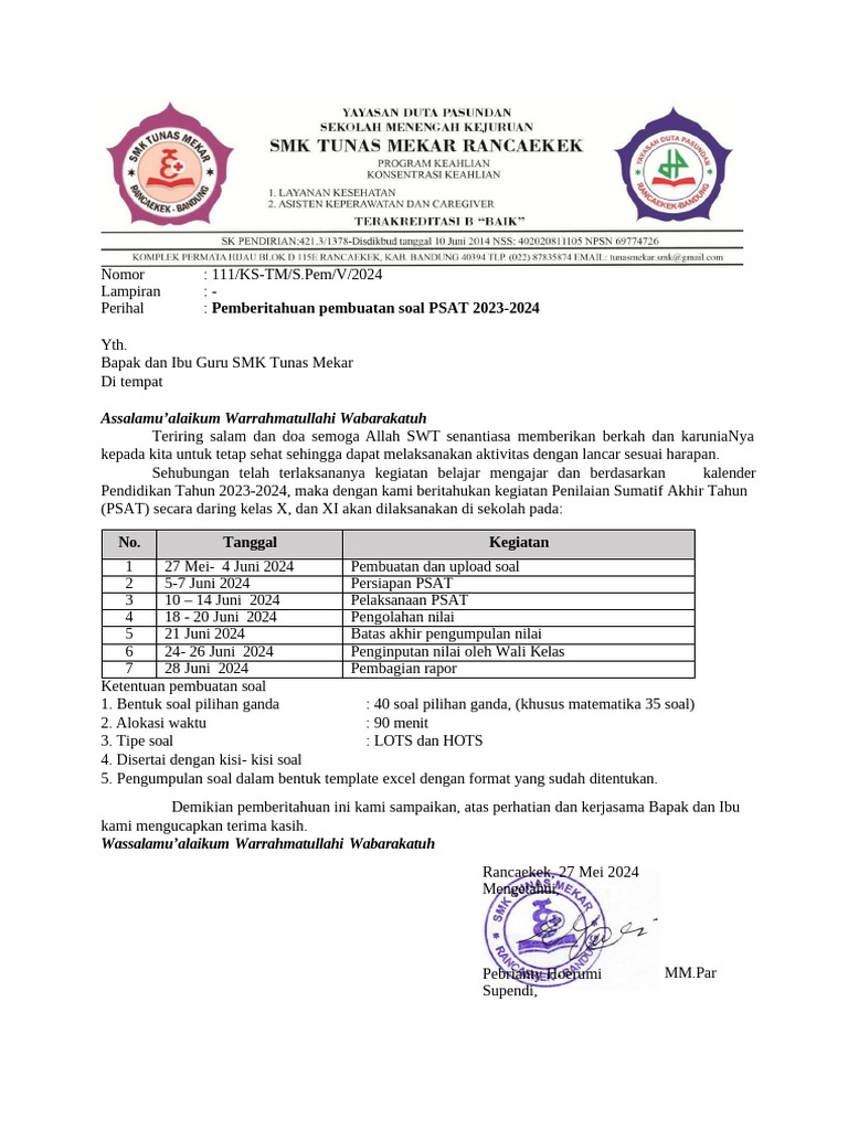Surat Pemberitahuan PSAT Mei 2024 | PDF