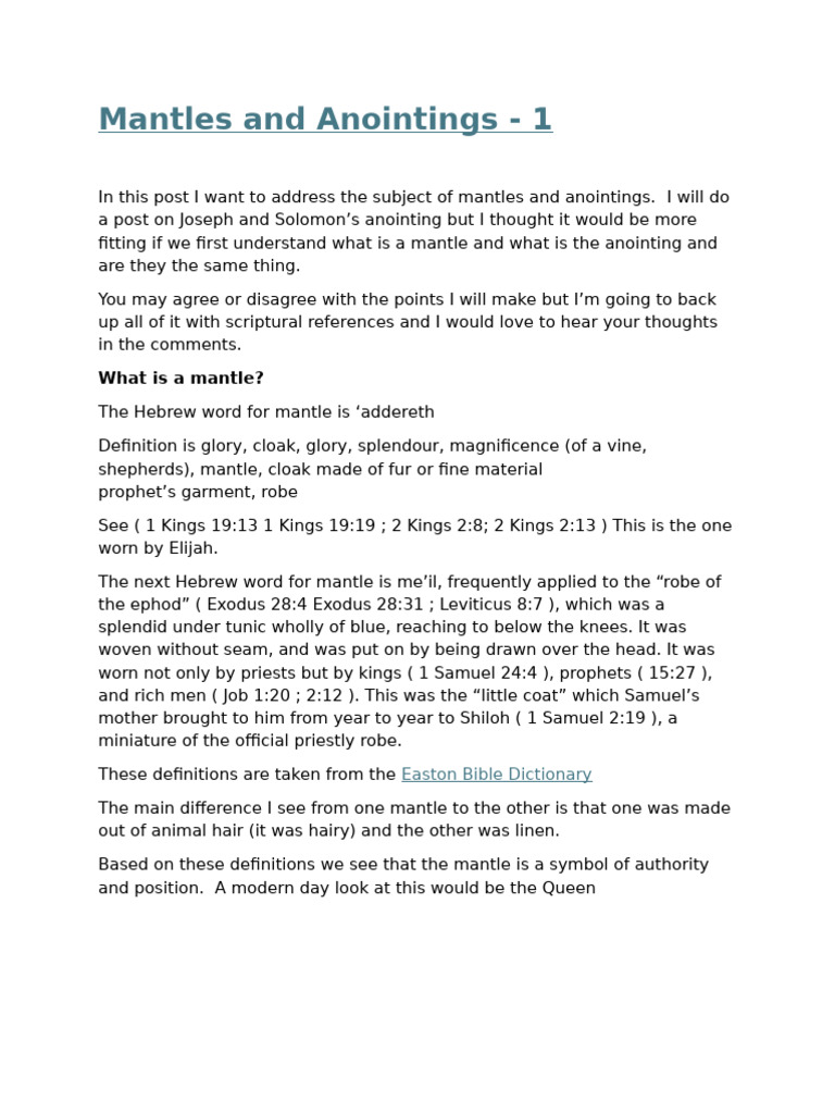 Mantles and Anointings Part 1 | PDF | Miriam | Books Of Samuel